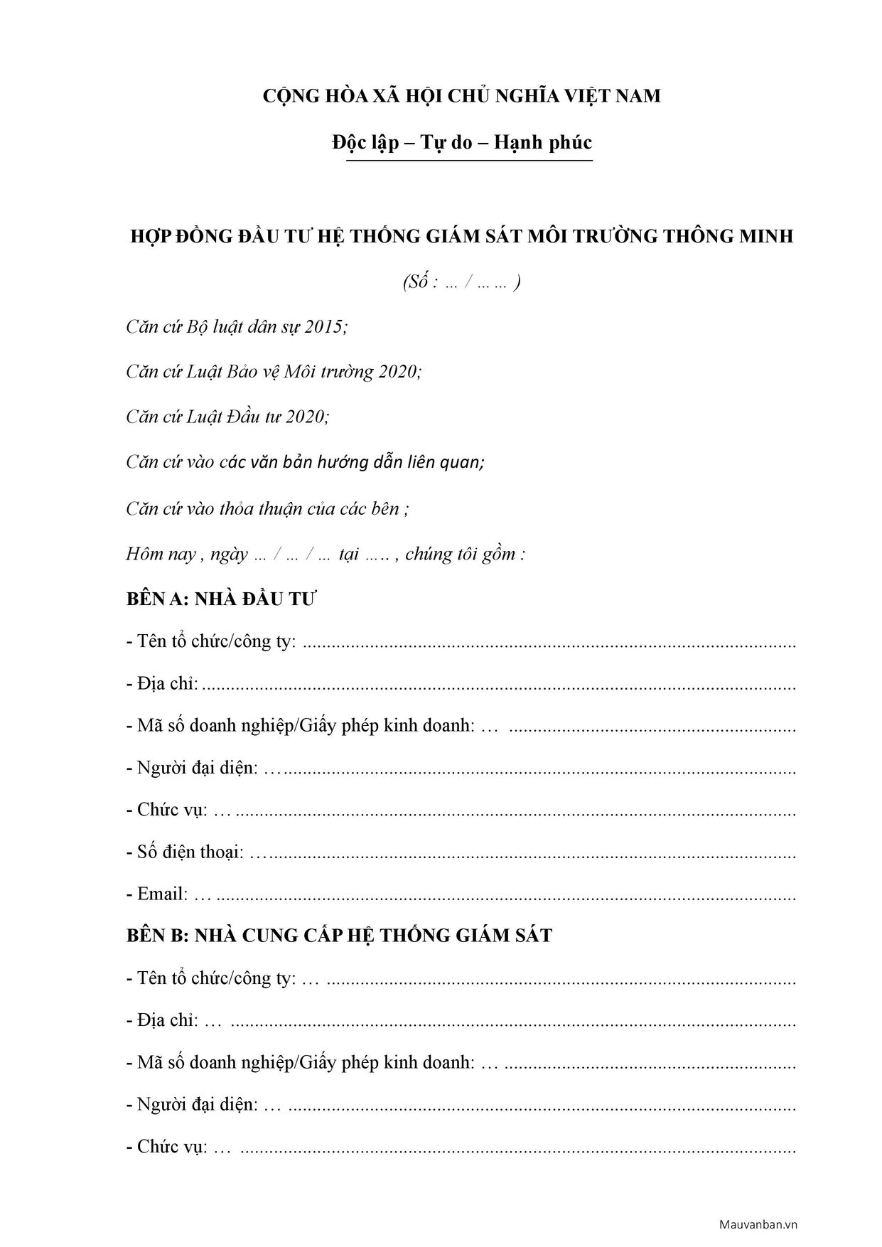 Hợp đồng đầu tư hệ thống giám sát môi trường thông minh - Môi trường ...