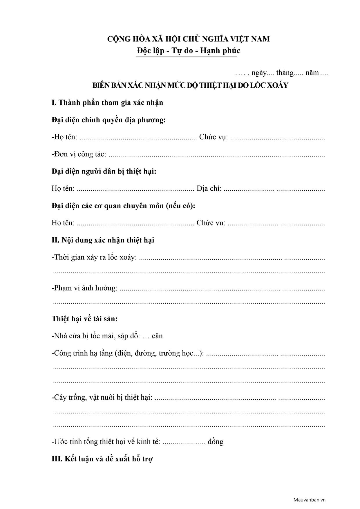 Biên bản xác nhận mức độ thiệt hại do lốc xoáy - Môi trường & Thiên tai ...