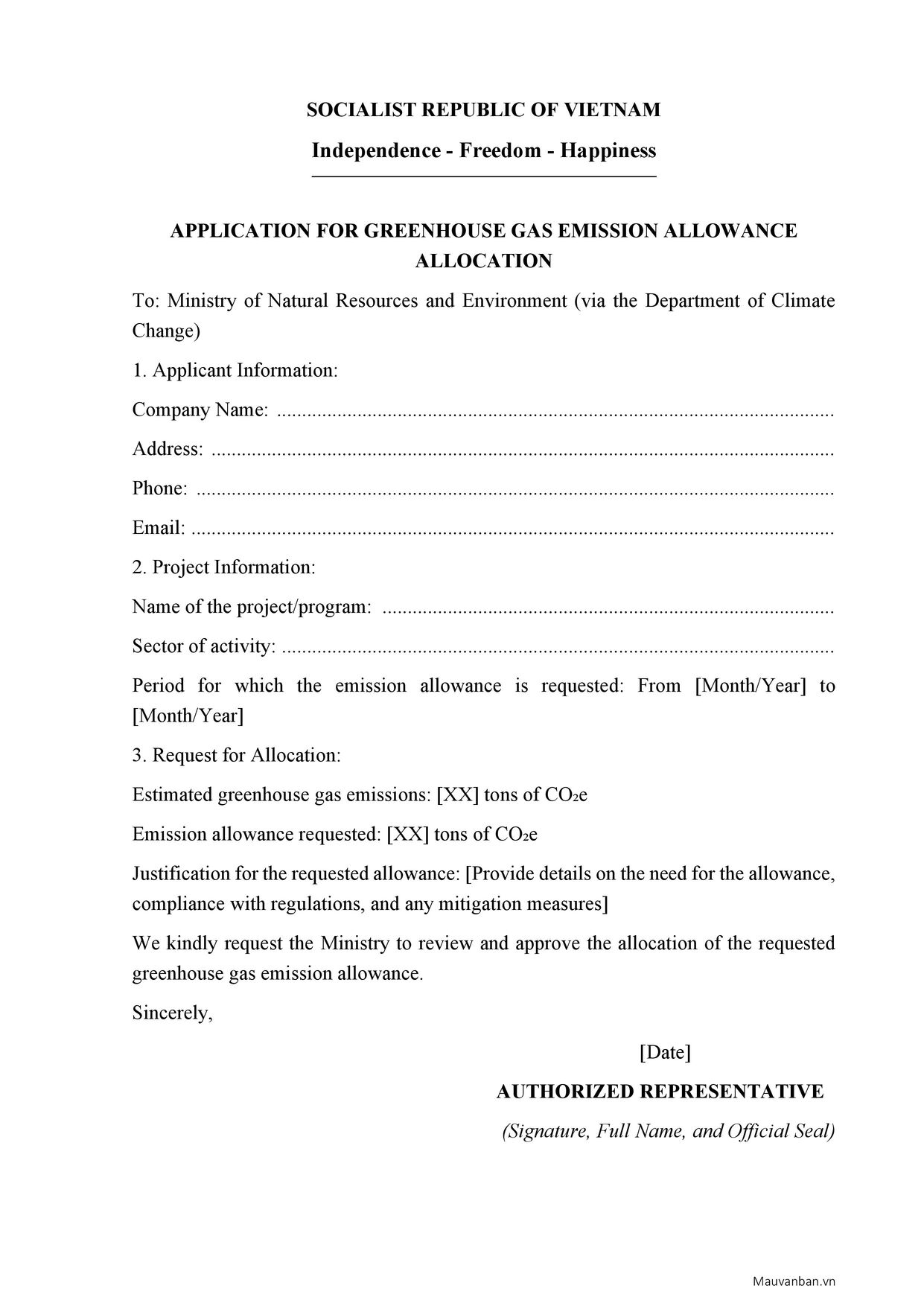 Application for greenhouse gas emission allowance allocation - Năng ...