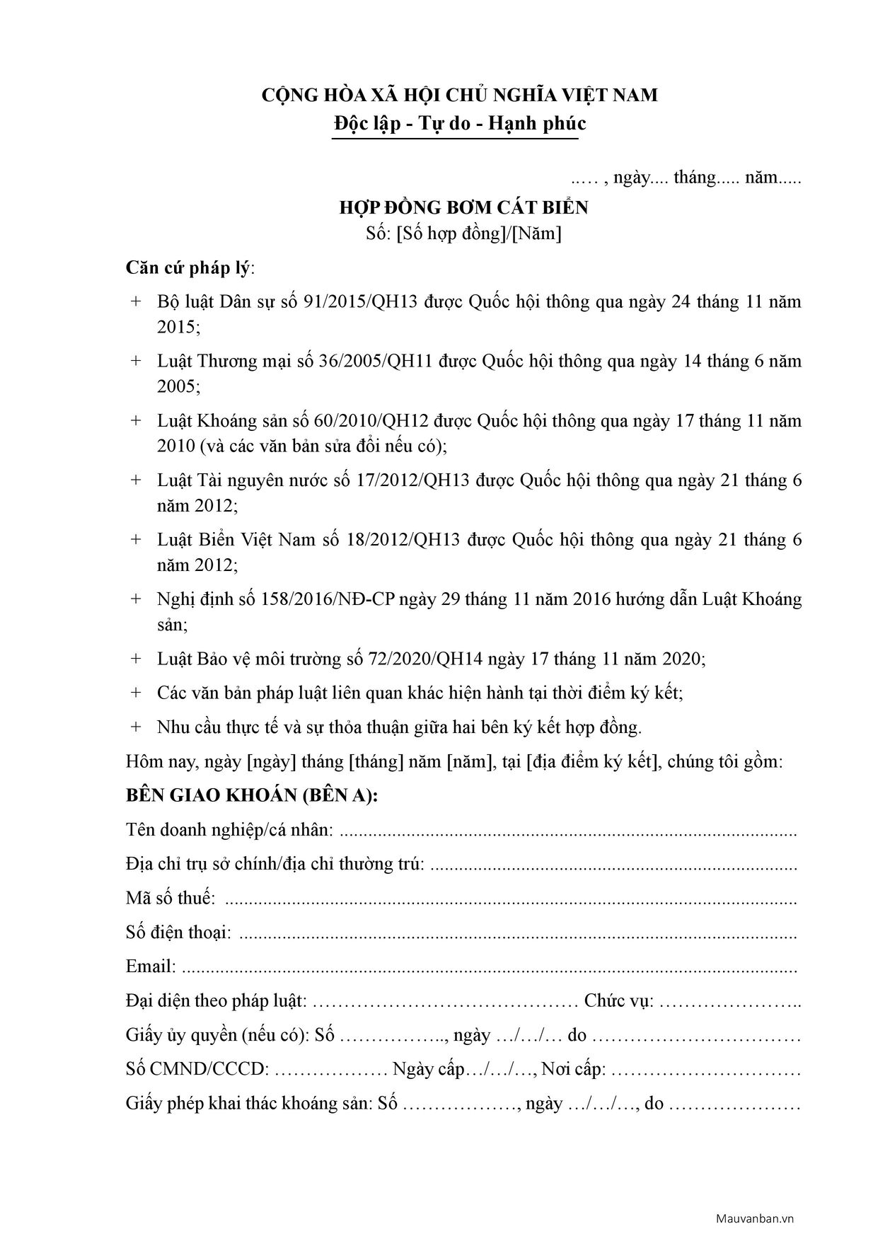 Mẫu hợp đồng bơm cát biển - Năng lượng & Tài nguyên - Mẫu Văn Bản