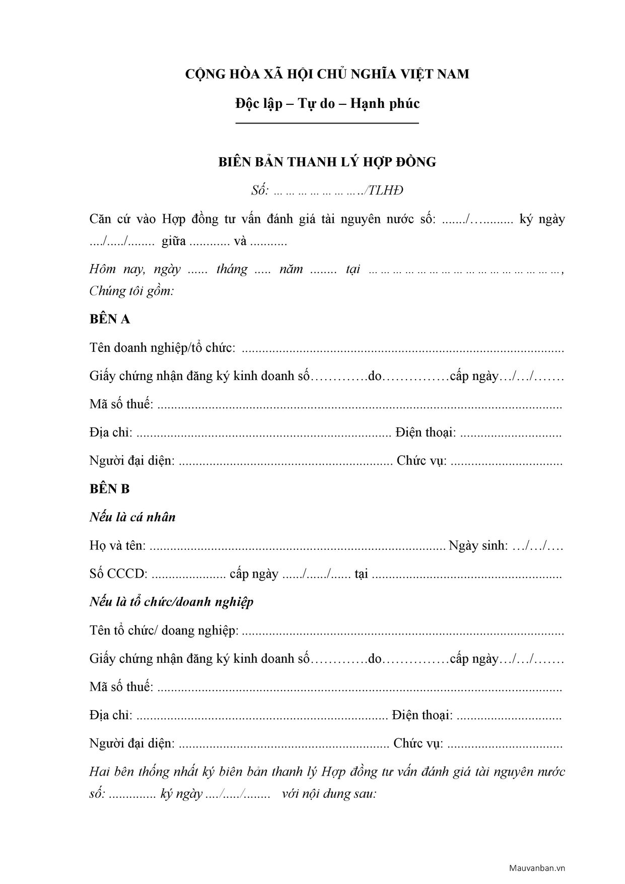 Biên bản thanh lý hợp đồng tư vấn đánh giá tài nguyên nước - Năng lượng ...