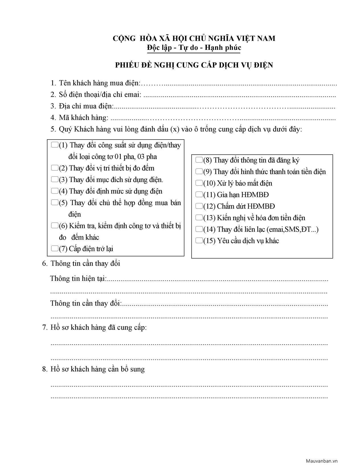 Phiếu đề nghị cung cấp dịch vụ điện - Năng lượng & Tài nguyên - Mẫu Văn Bản