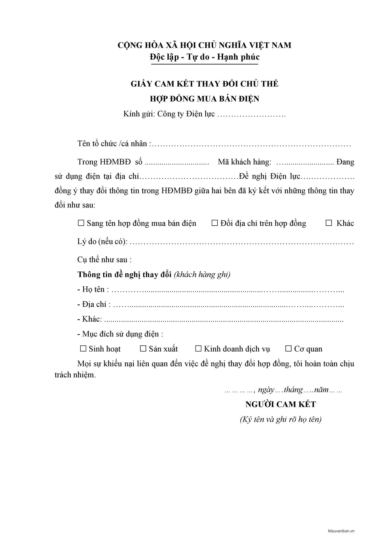 Mẫu Giấy cam kết đồng ý của chủ cũ cho thay đổi chủ thể HĐMBĐ - Năng ...