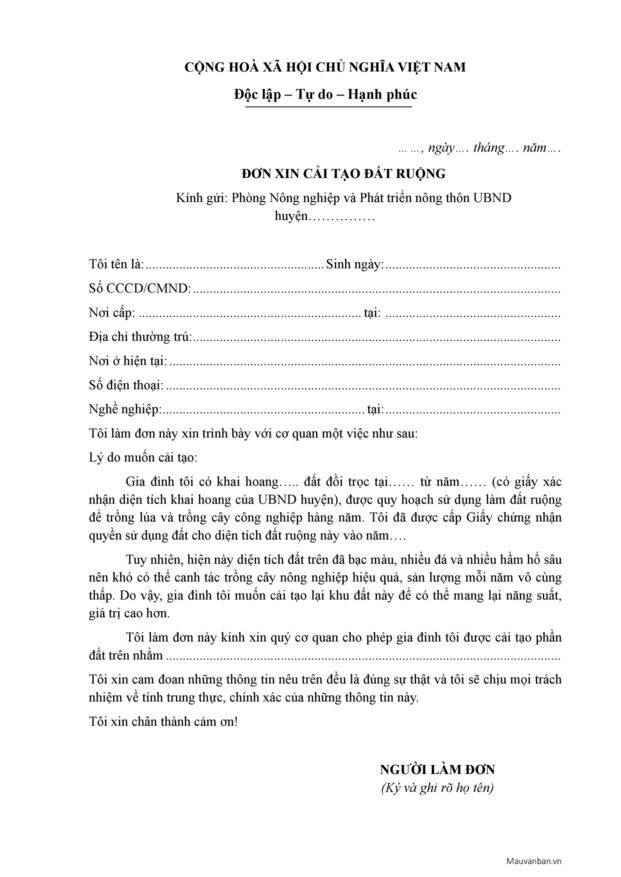 Mẫu đơn xin cải tạo đất ruộng - Nông nghiệp & Nông thôn - Mẫu Văn Bản