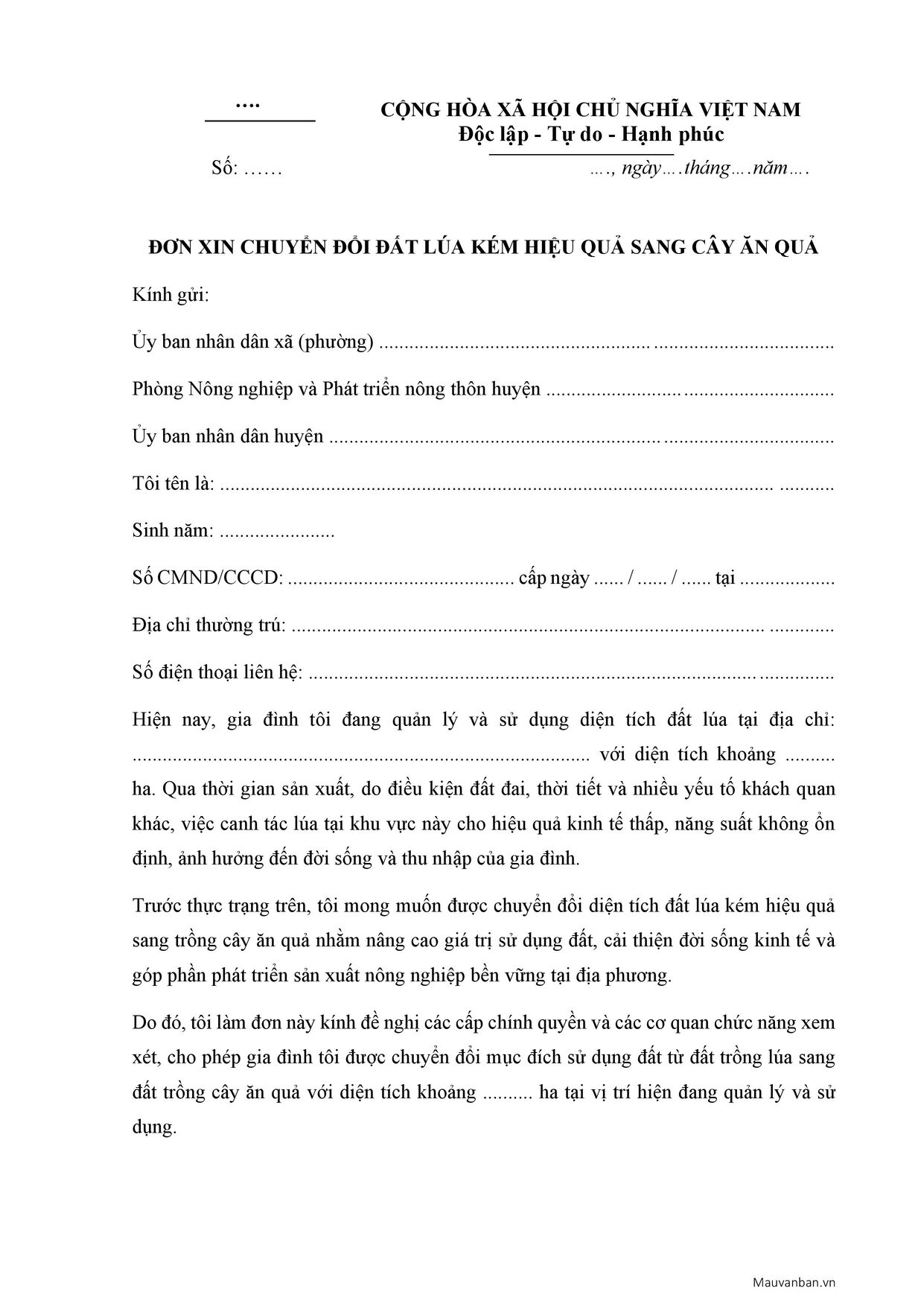 Đơn xin chuyển đổi đất lúa kém hiệu quả sang cây ăn quả - Nông nghiệp ...