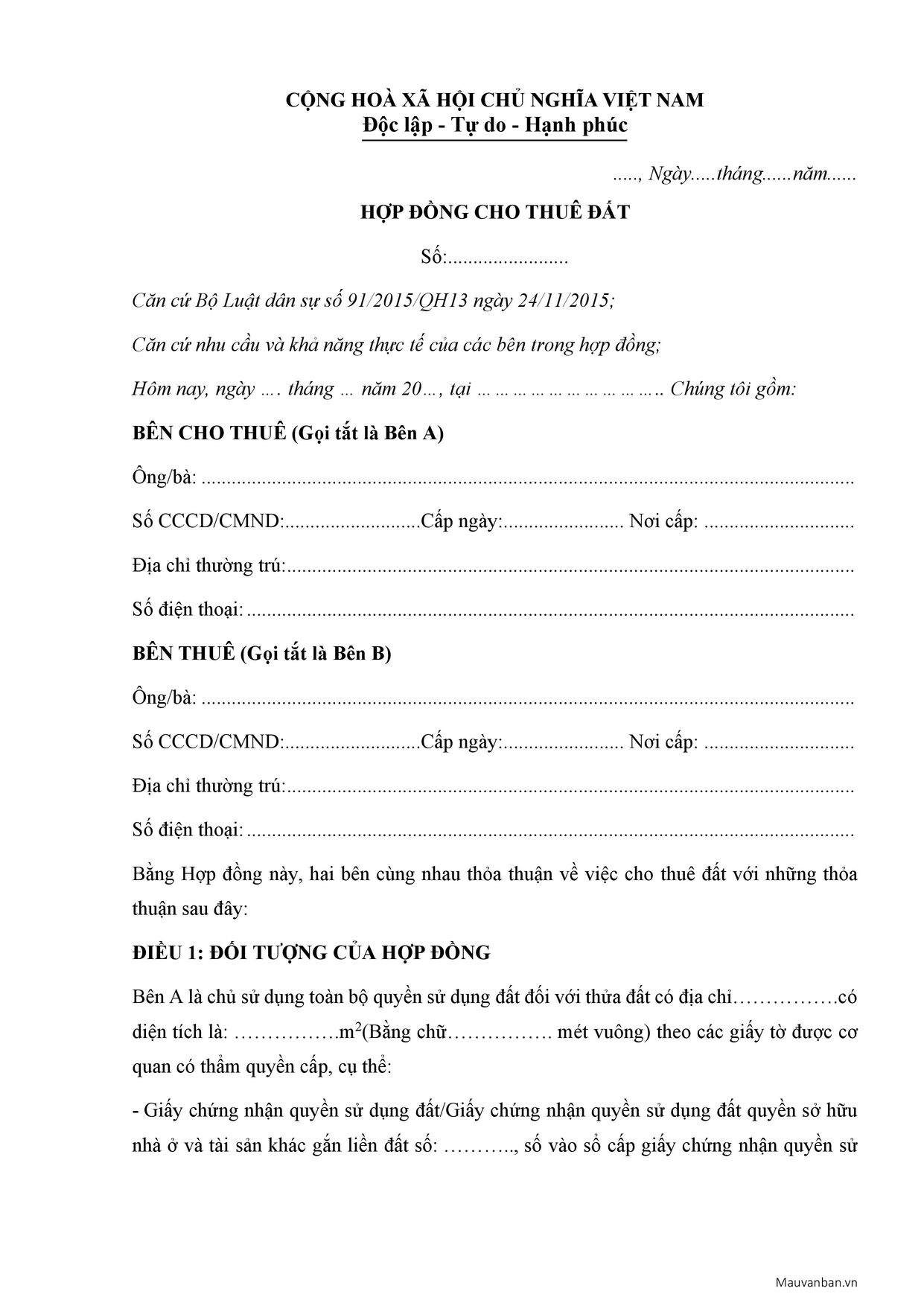 Mẫu hợp đồng cho thuê đất vườn - Nông nghiệp & Nông thôn - Mẫu Văn Bản