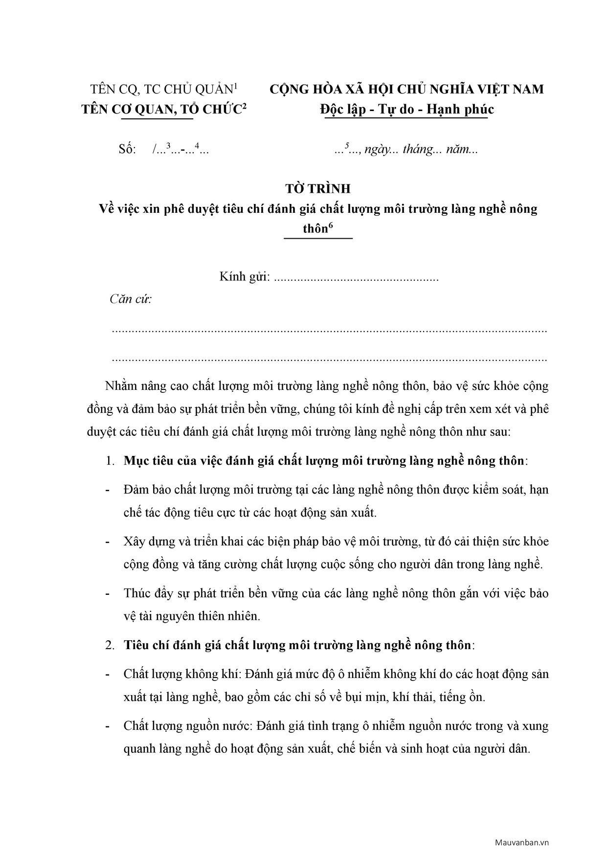 Tờ trình xin phê duyệt tiêu chí đánh giá chất lượng môi trường làng nghề nông thôn - Nông nghiệp ...