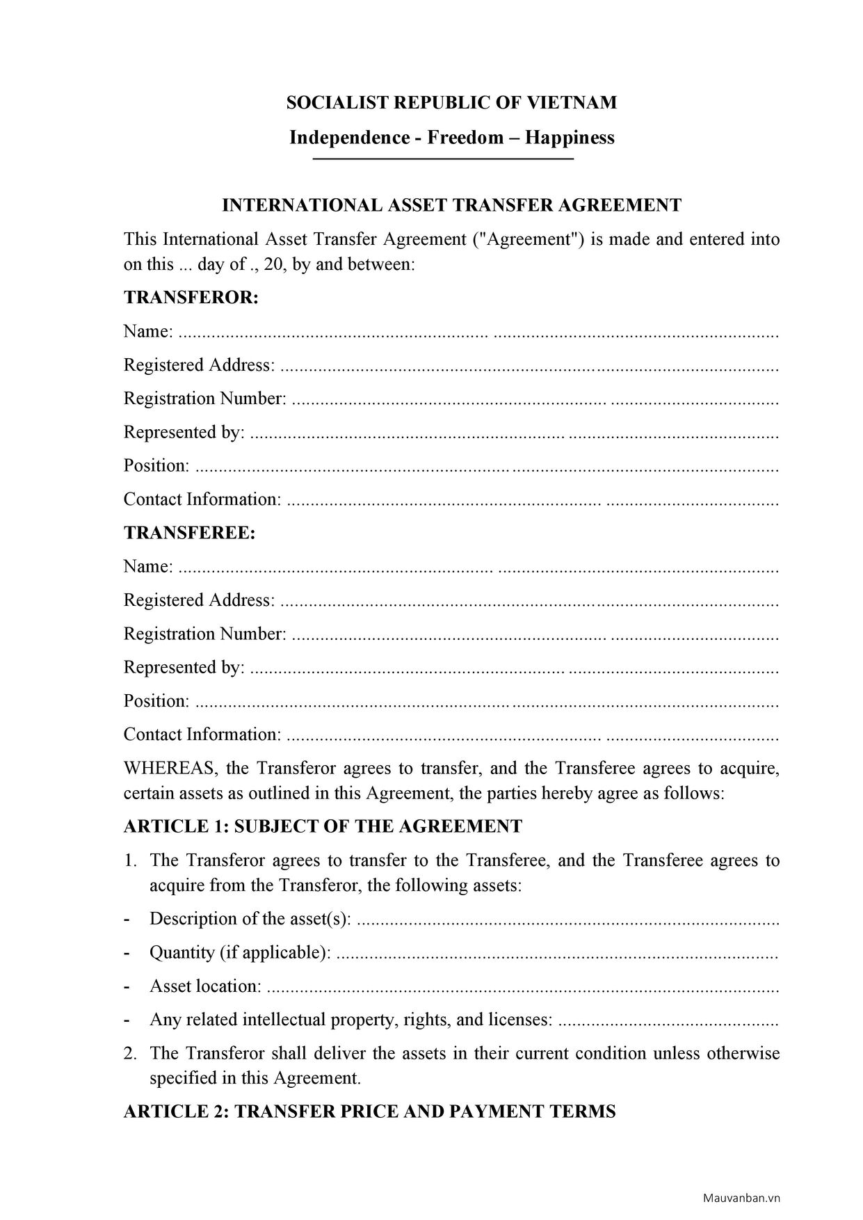 International Asset Transfer Agreement - Quốc tế & Đầu tư - Mẫu Văn Bản