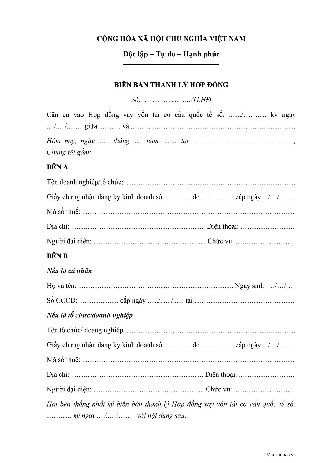 Biên bản thanh lý hợp đồng vay vốn tái cơ cấu quốc tế - Quốc tế & Đầu ...