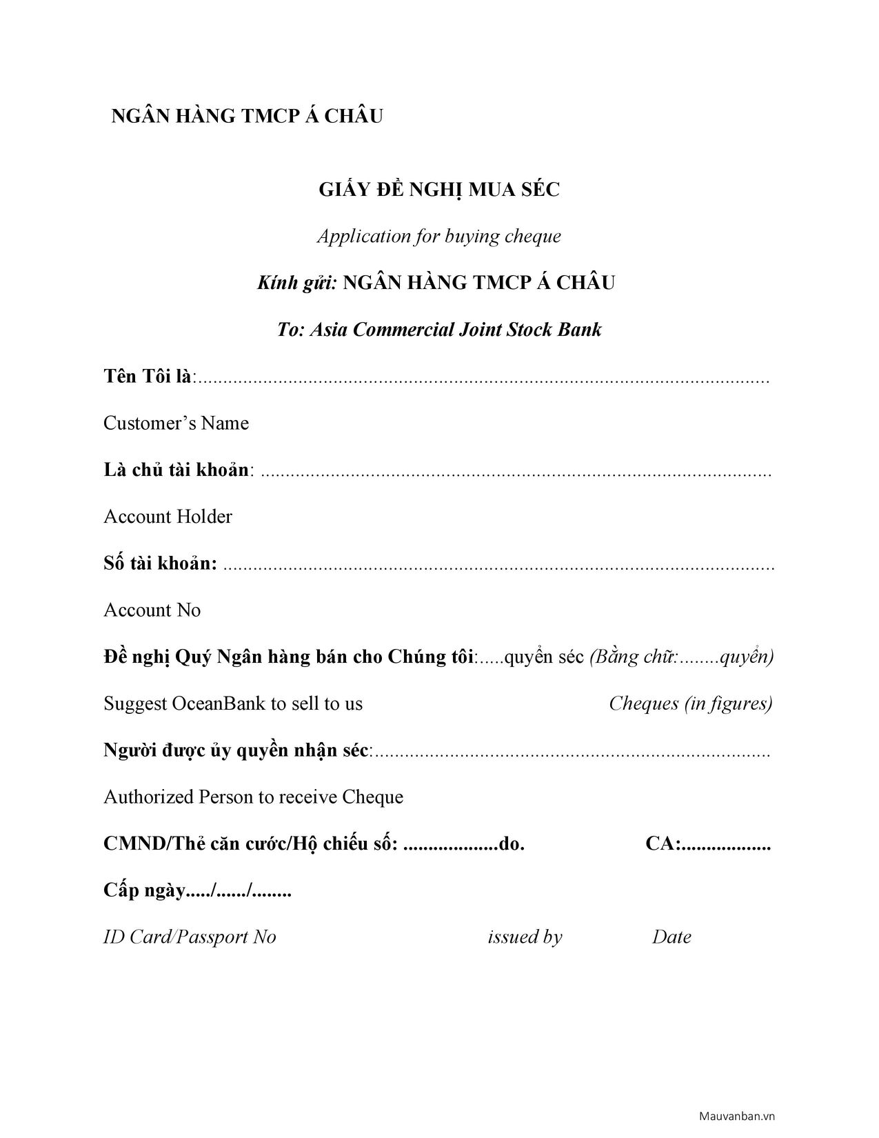 Mẫu Giấy đề nghị mua séc acb - Quốc tế & Đầu tư - Mẫu Văn Bản