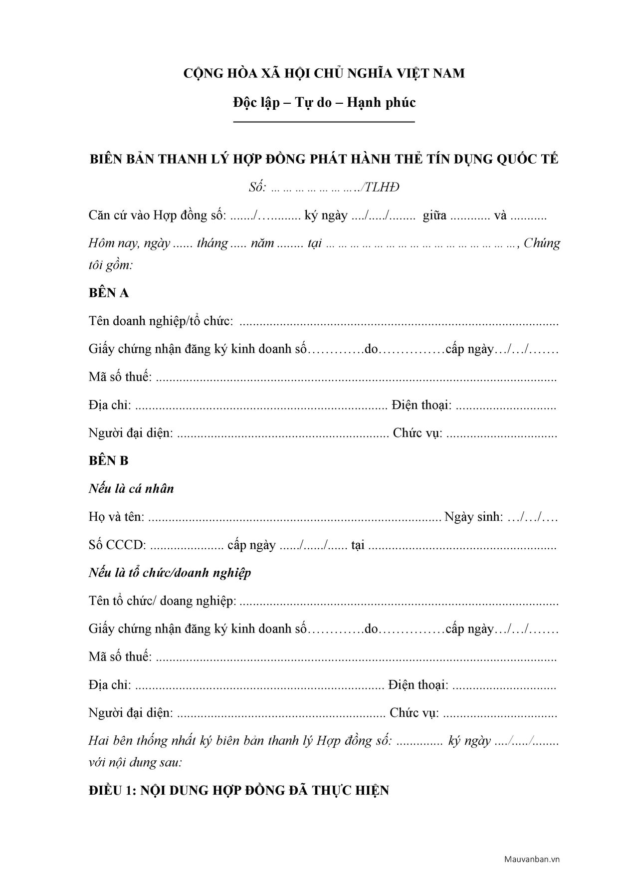 Biên bản thanh lý hợp đồng phát hành thẻ tín dụng quốc tế - Tài chính & Ngân hàng - Mẫu Văn Bản