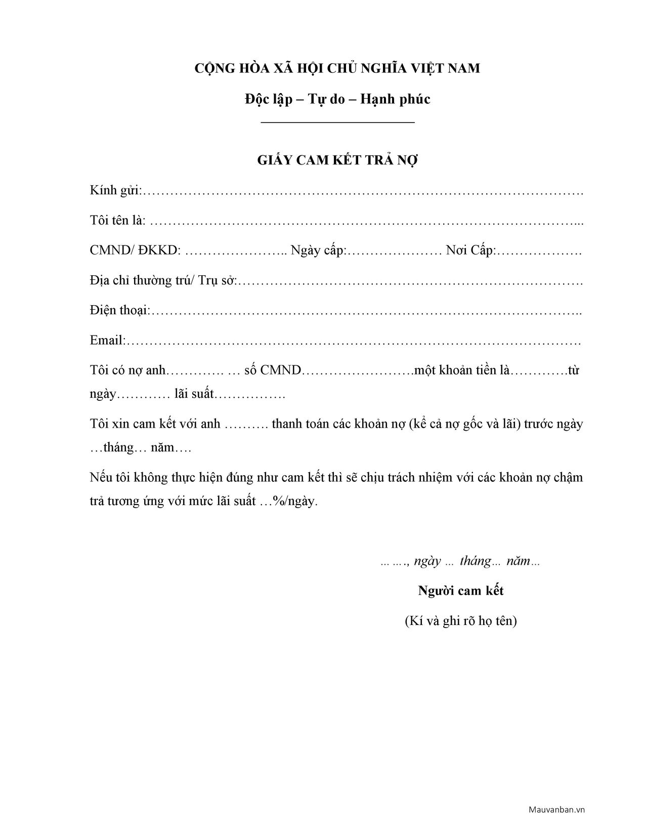 Mẫu giấy cam kết trả nợ tiền - Tài chính & Ngân hàng - Mẫu Văn Bản