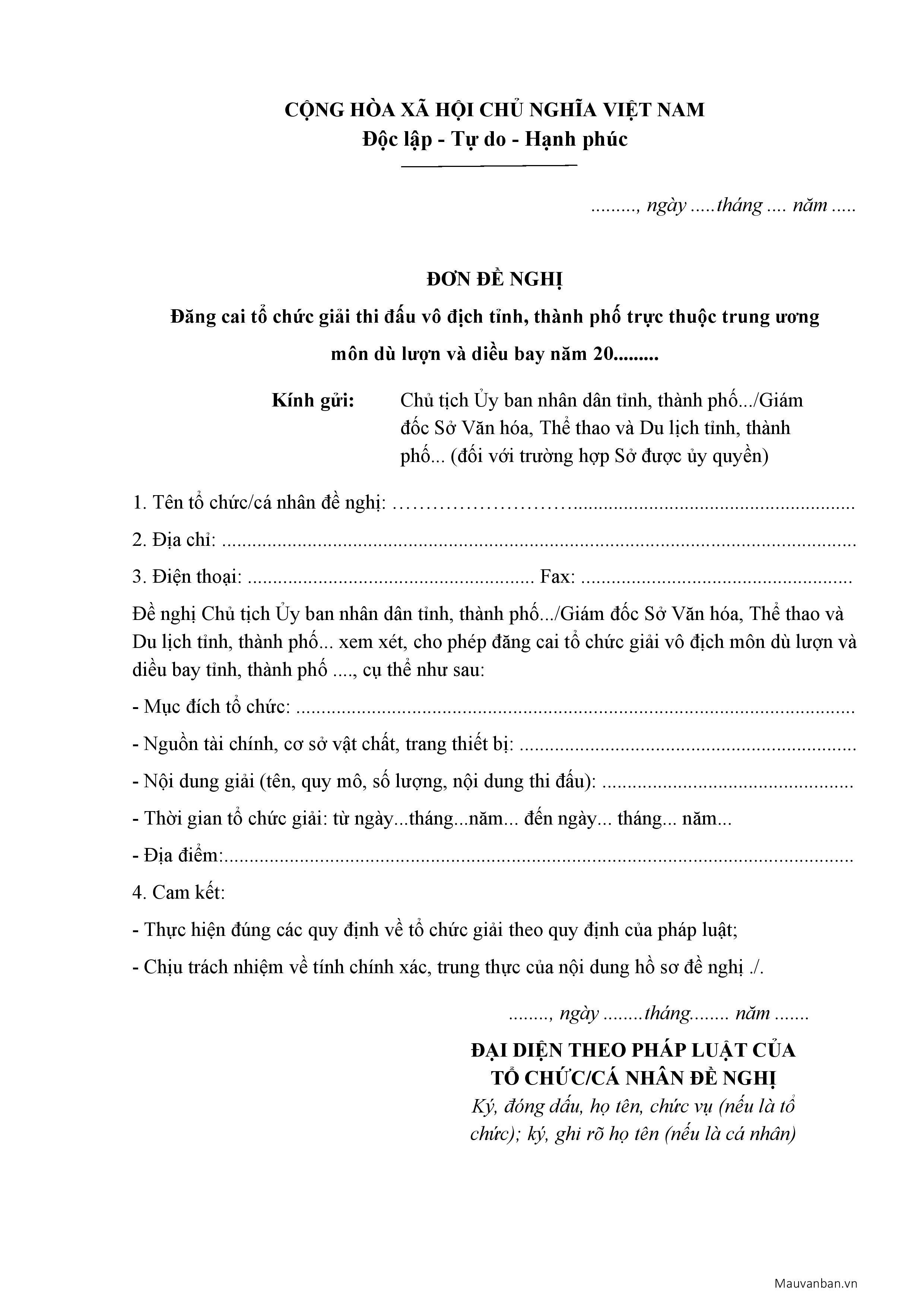 Đơn xin đăng cai tổ chức giải thi đấu vô địch môn dù lượn và diều bay ...