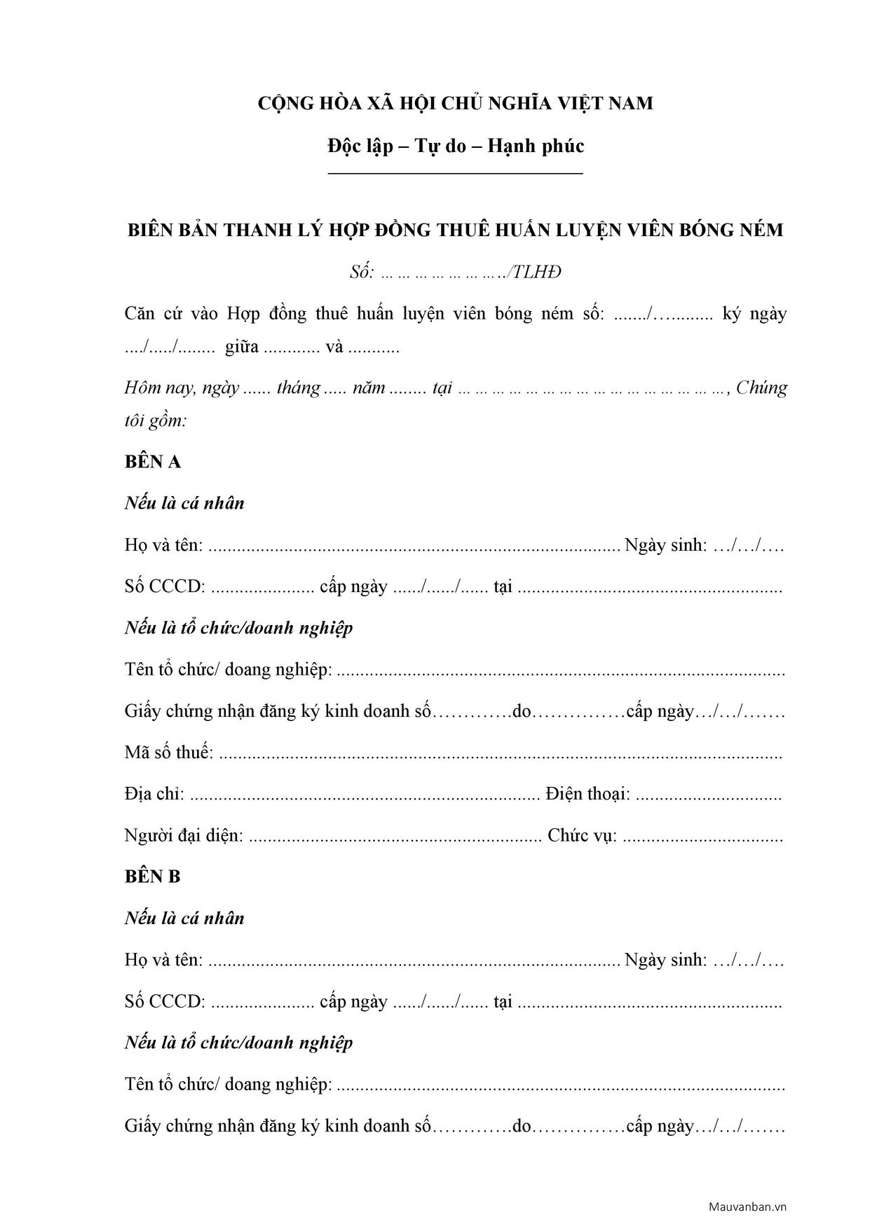 Biên bản thanh lý hợp đồng thuê huấn luyện viên bóng ném - Thể dục ...