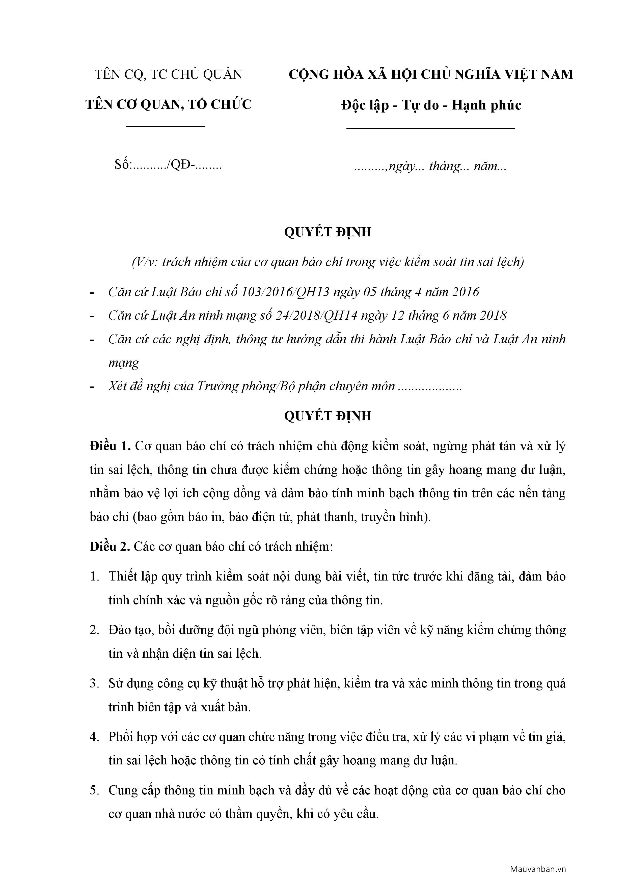 Quyết định về trách nhiệm của cơ quan báo chí trong việc kiểm soát tin ...