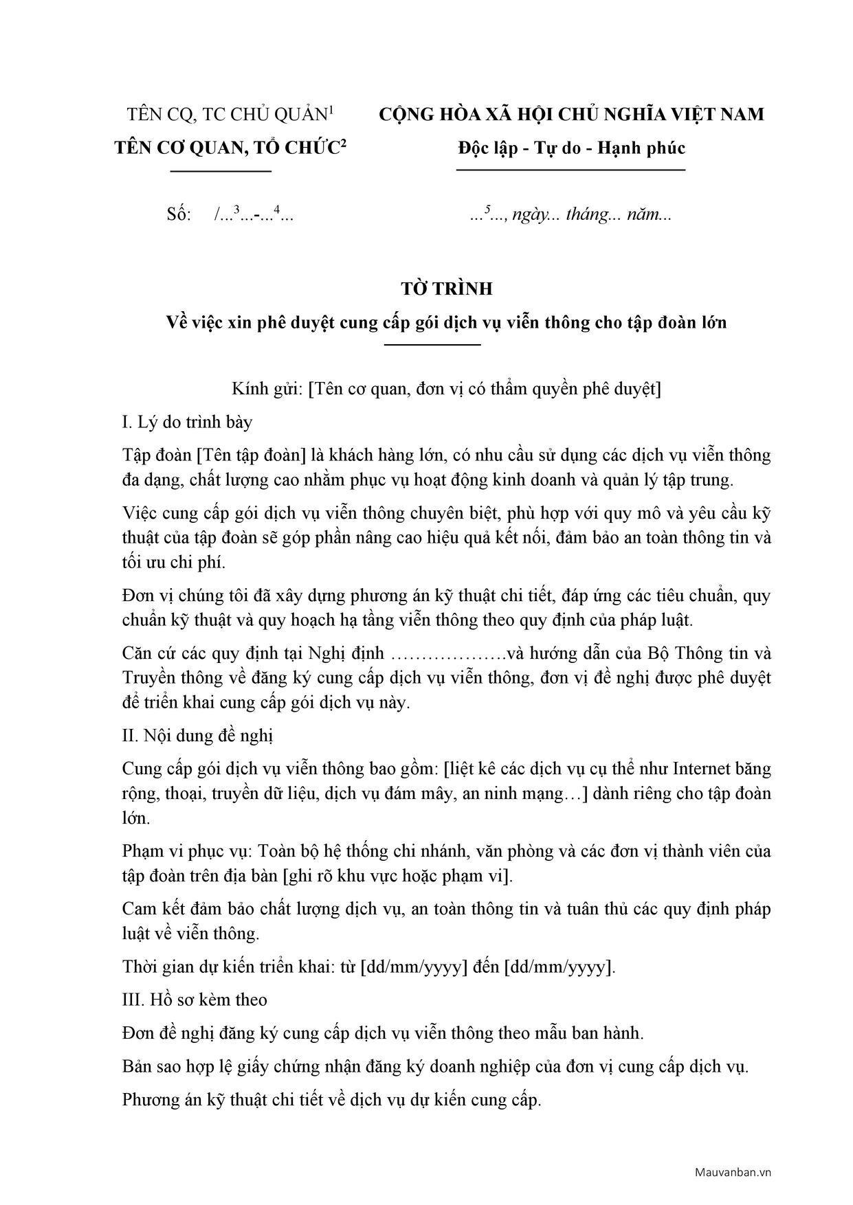 Tờ trình xin phê duyệt cung cấp gói dịch vụ viễn thông cho tập đoàn lớn ...