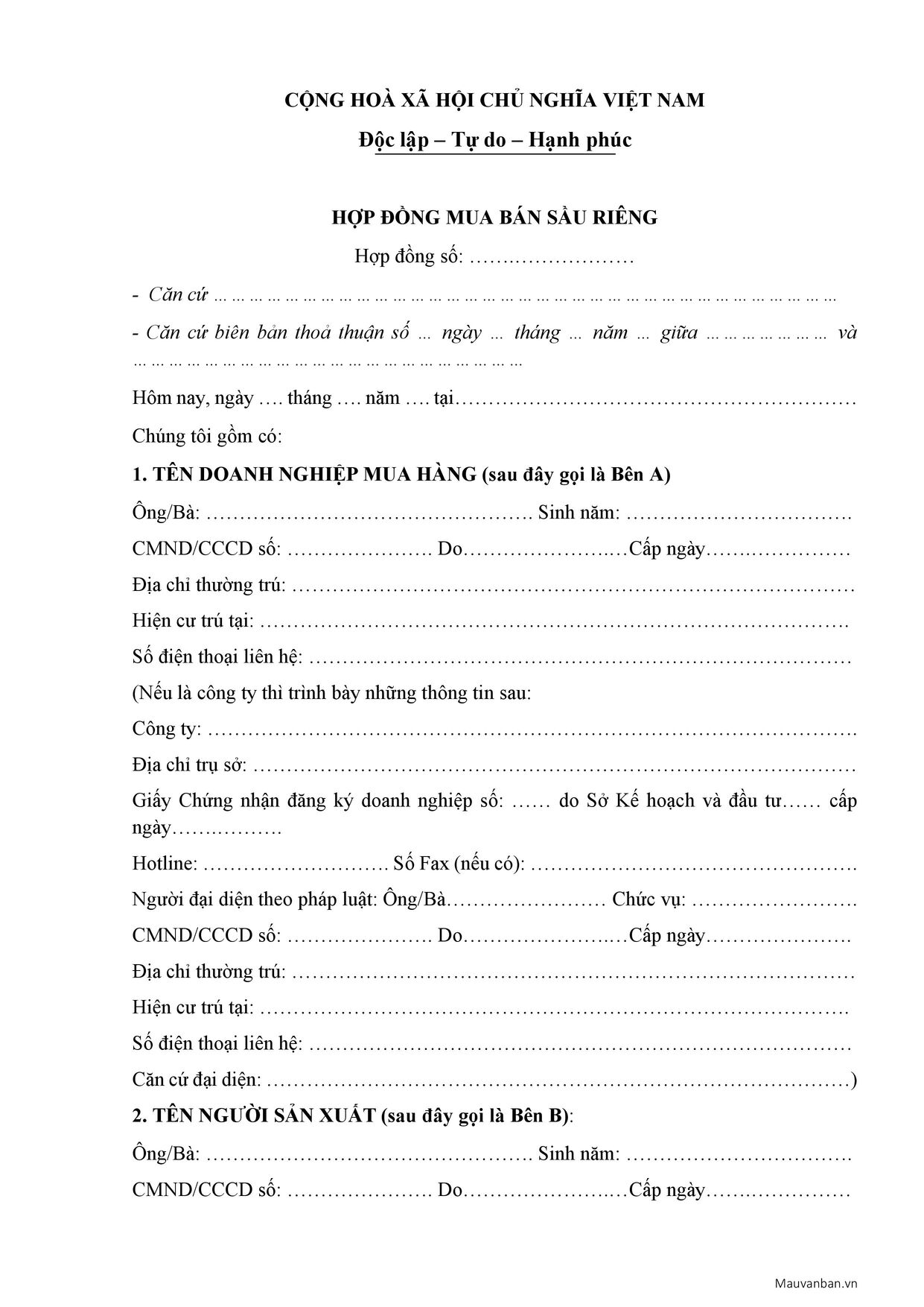 Mẫu hợp đồng mua bán sầu riêng - Thương mại & Bán lẻ - Mẫu Văn Bản