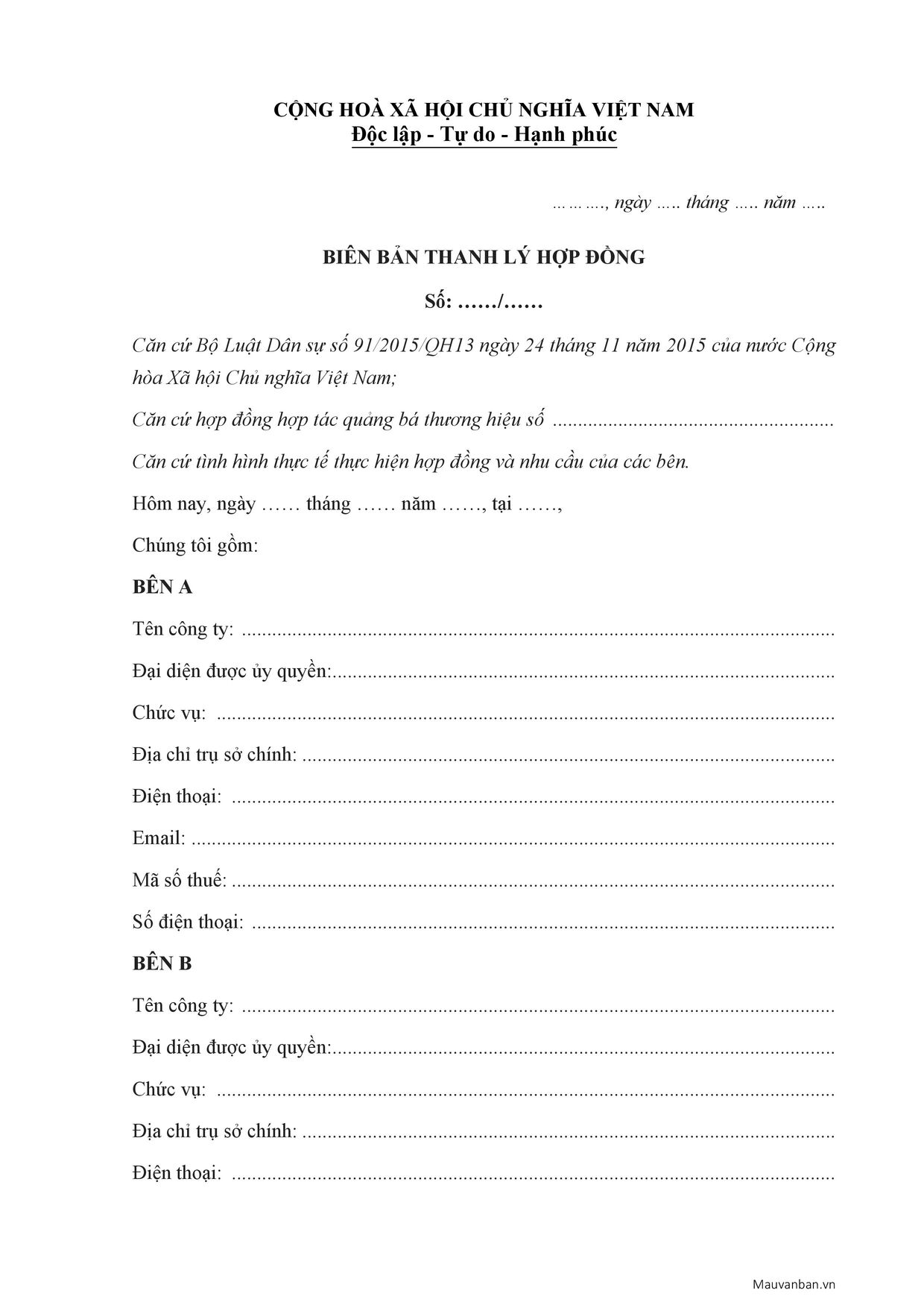 Biên bản thanh lý hợp đồng hợp tác quảng bá thương hiệu trên sàn thương ...