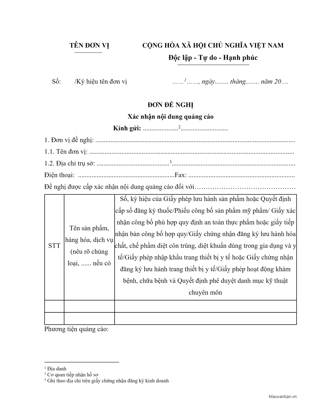 Mẫu đơn đề nghị xác nhận nội dung quảng cáo dịch vụ khám bệnh, chữa bệnh - Truyền thông & Quảng ...